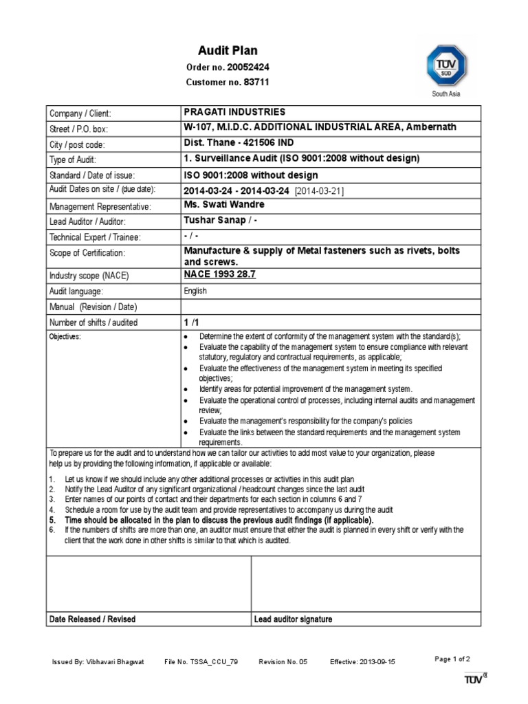 Audit Plan: Order No. Customer No | PDF | Iso 9000 | Audit