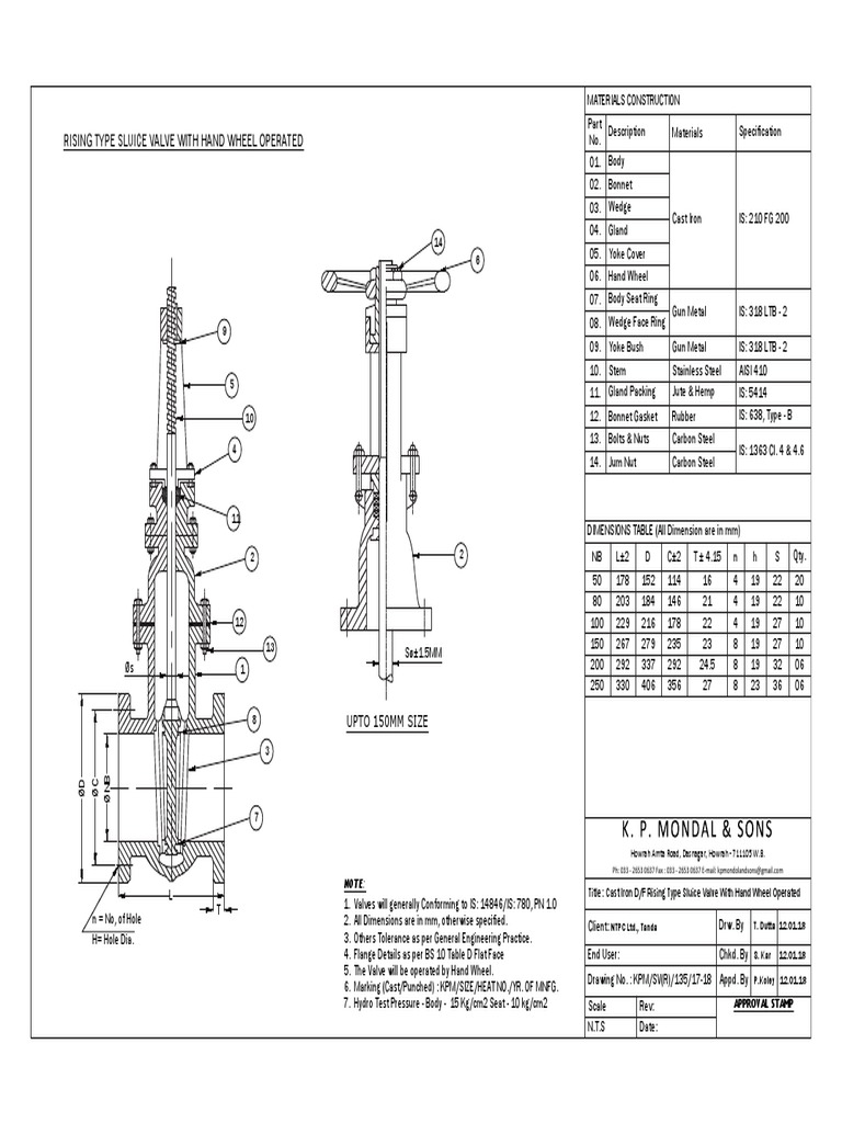 Specifications and Dimensions for a Cast Iron Rising Type Sluice Valve ...