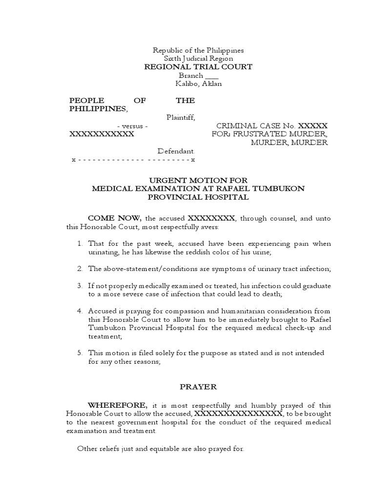 Urgent Motion For Medical Check-Up RT | PDF | Prosecutor | Virtue
