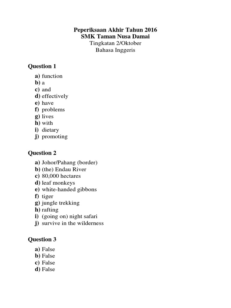 2016 Final STAND Form 2 Answer Scheme | PDF