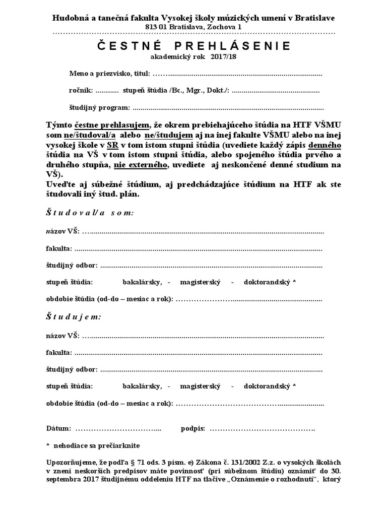 Čestné Prehlásenie - 2017-18 | PDF