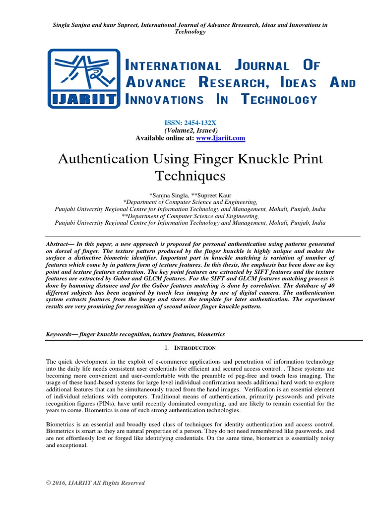 Authentication Using Finger Knuckle Print Techniques: (Volume2, Issue4 ...