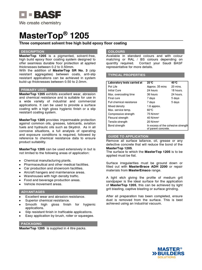 Mastertop 1205: Three Component Solvent Free High Build Epoxy Floor ...