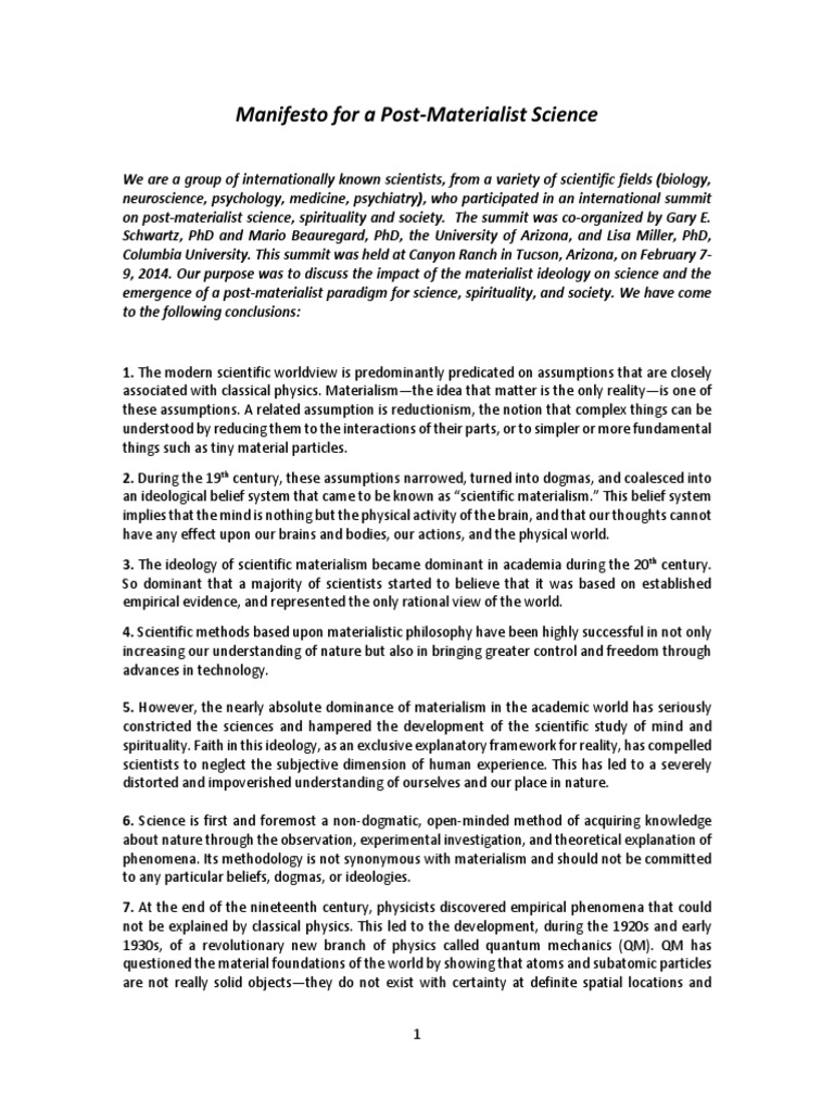 Post-Materialist Science Manifesto | PDF | Materialism | Mind