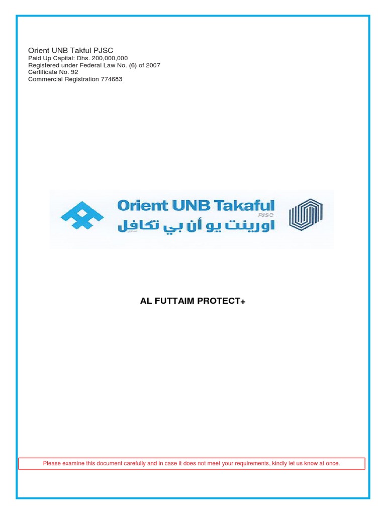 Orient UNB Takful PJSC: Al Futtaim Protect+ | PDF | Insurance | Tire