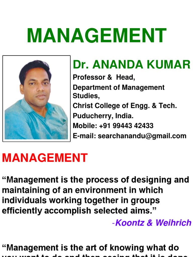 Management: Dr. Ananda Kumar | PDF | Goal | Science