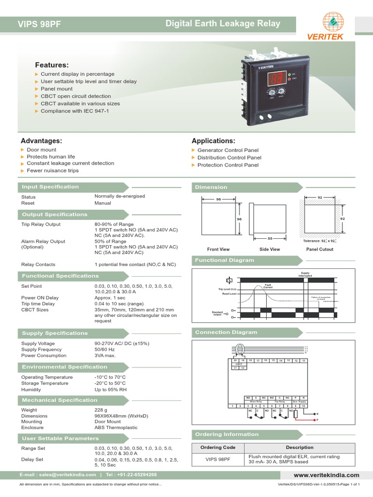 Vips 98Pf Digital Earth Leakage Relay: Features | PDF | Relay | Power ...