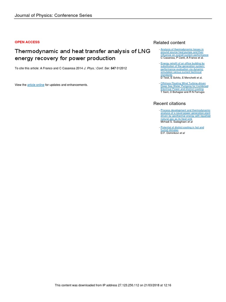 Thermodynamic and Heat Transfer Analysis of LNG Energy Recovery For ...