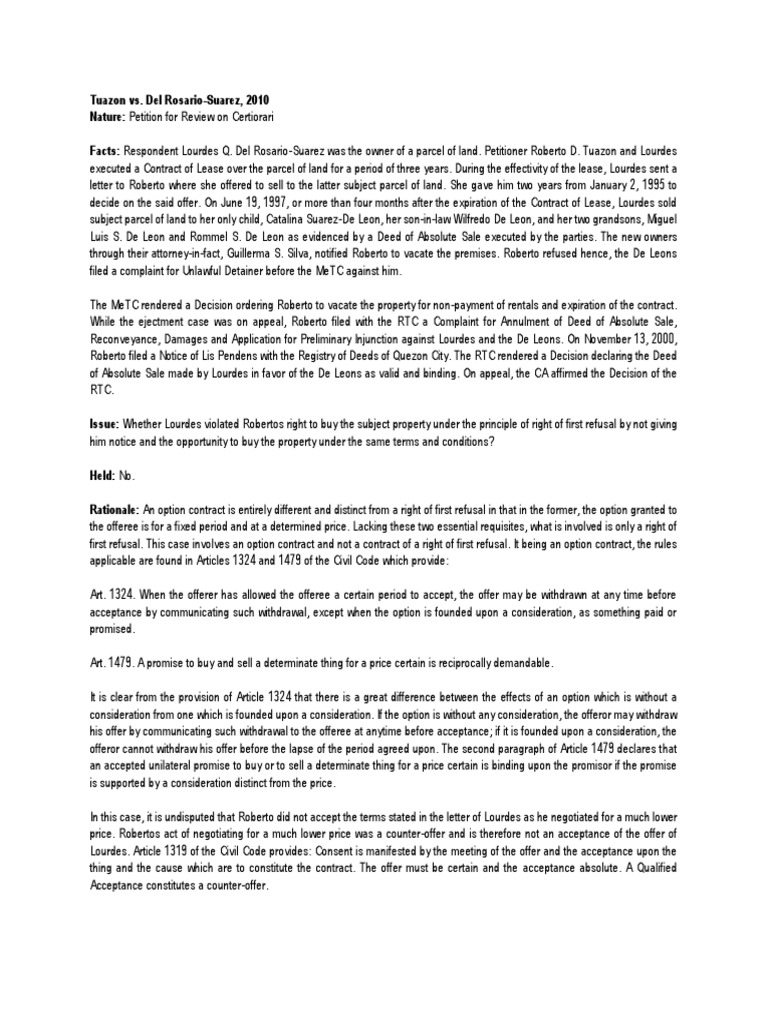 1324 Tuazon vs. Del Rosario-Suarez | PDF | Offer And Acceptance | Consideration