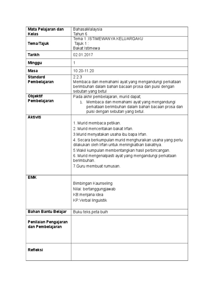 Contoh RPH BM 6 | PDF