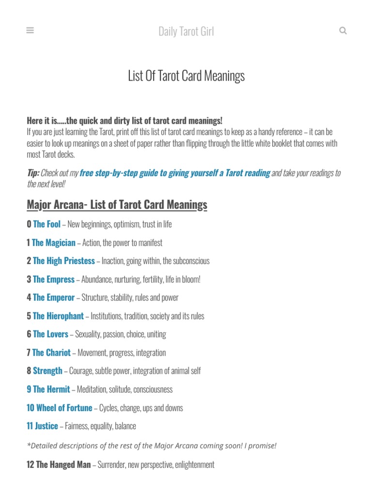 Quick Reference for Tarot Meanings | PDF | Tarot | Playing Cards