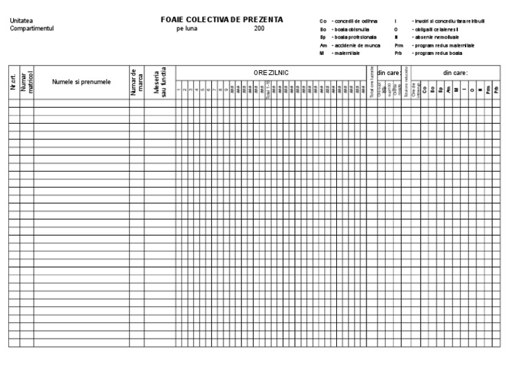 Foaie Colectiva de Prezenta - fisa pontaj