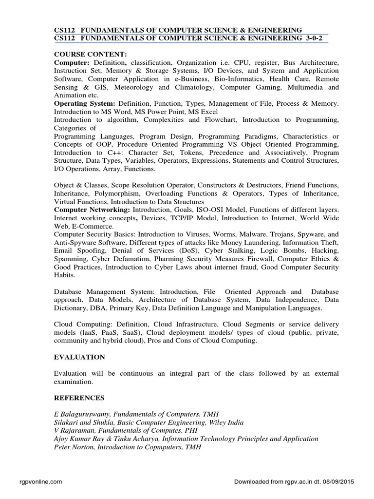 Rgpv Syllabus Cs112 Fundamentals Of Computer Science And Engineering 7664