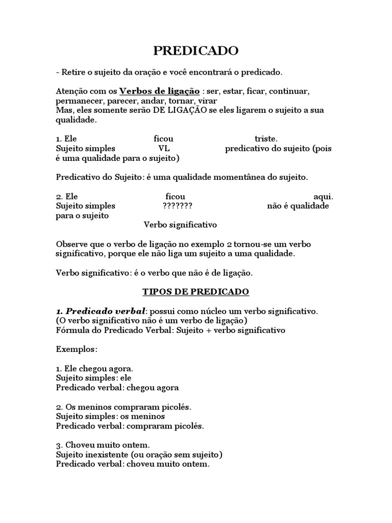 Os principais tipos de predicado: verbal, nominal e verbo-nominal | PDF ...