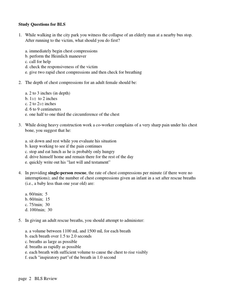BLS Practice Quiz | PDF | Cardiopulmonary Resuscitation | Cardiac Arrest
