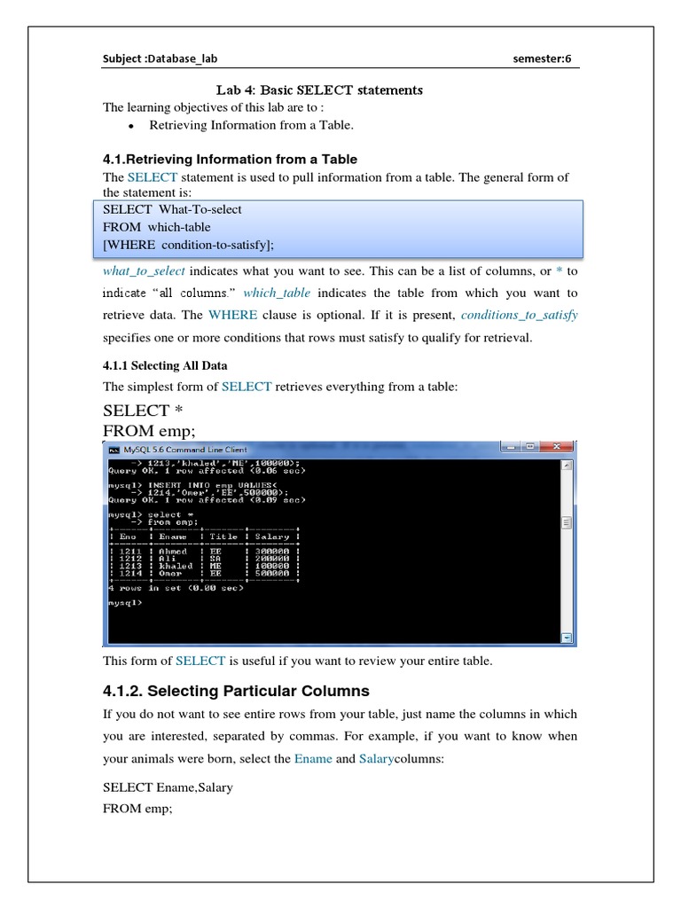 Select FROM Emp : 4.1.retrieving Information From A Table | PDF | Data ...