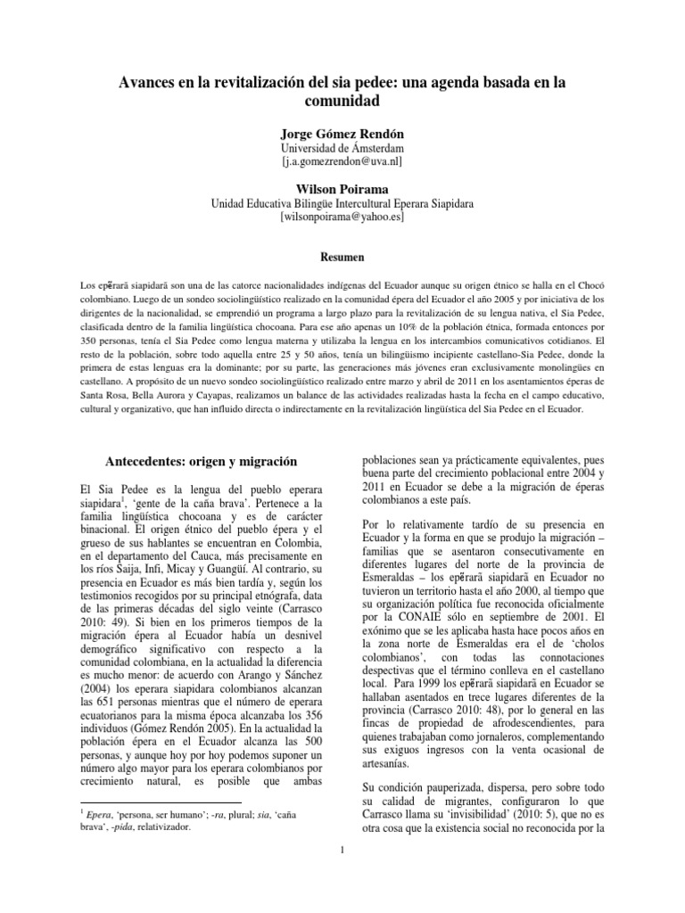 Revitalización del Sia Pedee en Ecuador | PDF | Ecuador | Lengua española