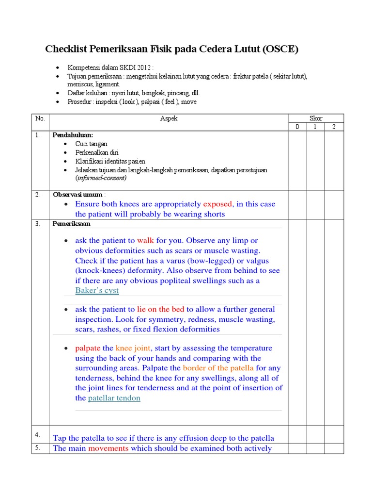 Knee Examination Checklist for OSCE | PDF | Knee | Joints