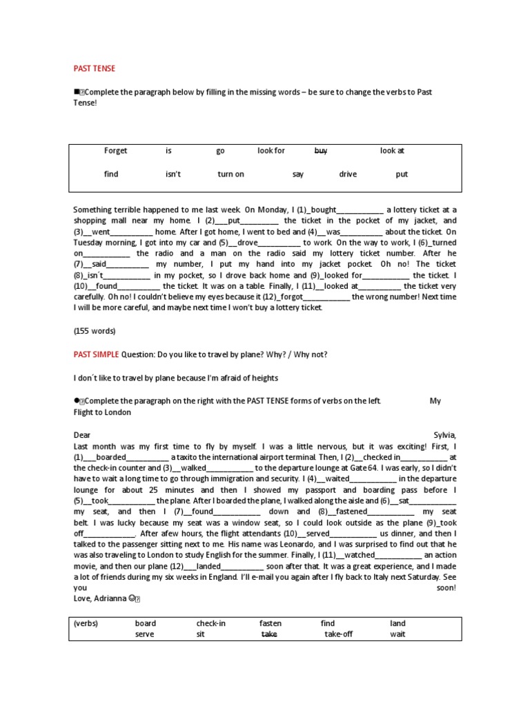 PAST TENSE. Fill in The Blanks With The Verbs From The Box. | PDF ...