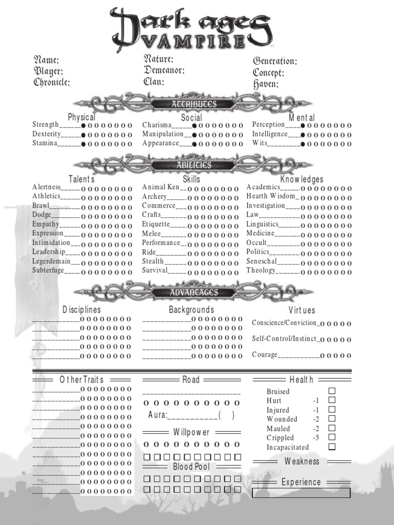 WOD - Vampire - The Dark Ages - Character Sheet PDF | PDF | Self ...