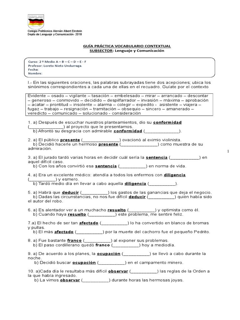 Ejercicios de Vocabulario Contextual | PDF