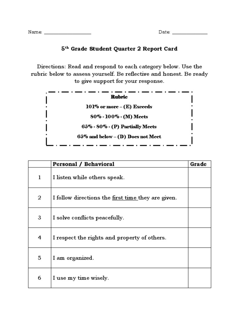 5 Grade Student Quarter 2 Report Card: Name: - Date | PDF