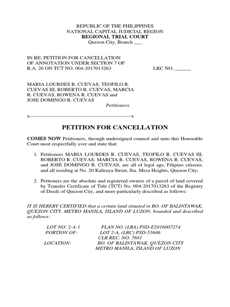PETITION FOR CANCELLATION.docx | Notary Public | Title (Property)