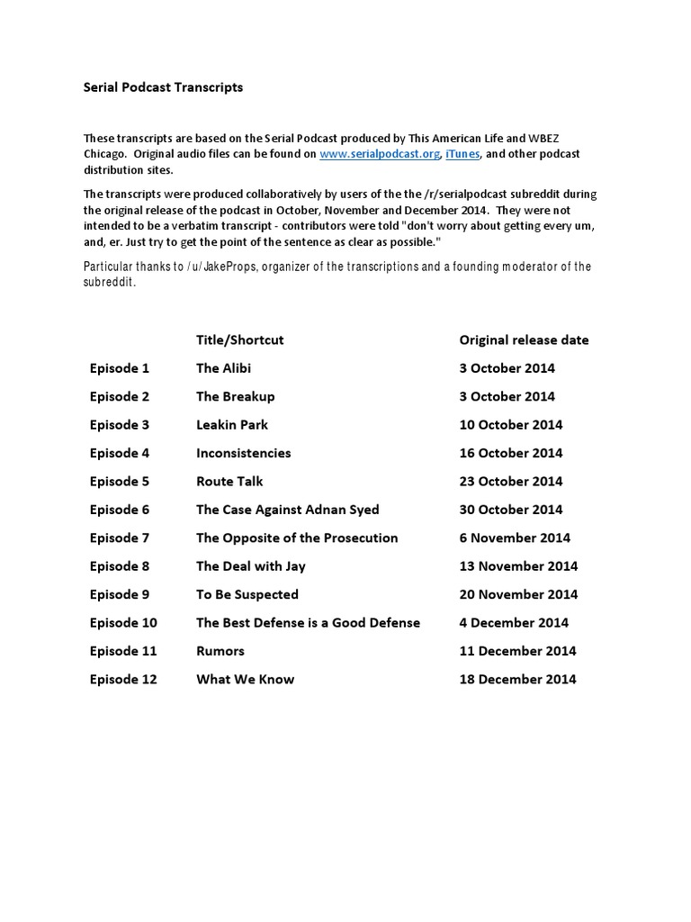All Serial Podcast Transcripts With Toc Redacted | PDF | Crime Thriller | Prosecution