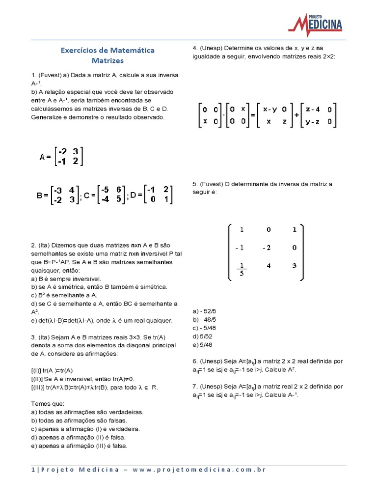 matematica_matrizes_exercicios.pdf | Determinante | Matriz (Matemática)