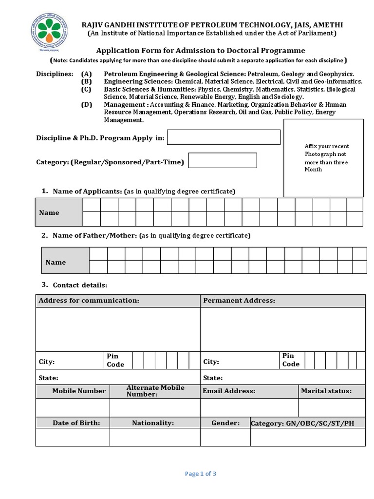 PhD Admission Form - RGIPT Amethi | PDF | Doctor Of Philosophy ...