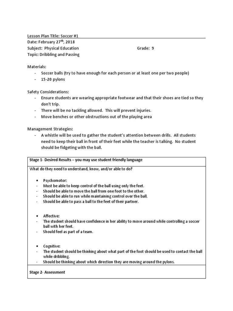 Soccer Lesson 1 | PDF | Educational Assessment | Lesson Plan