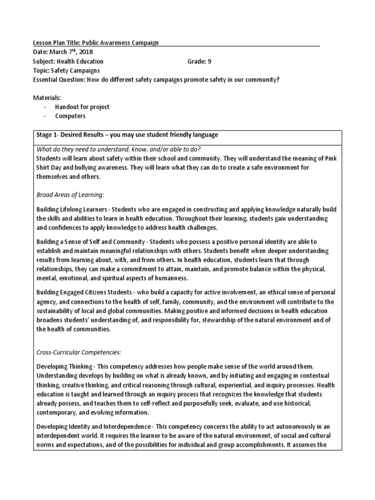 Public Awareness Campaign Lesson Plan | PDF | Health Education ...