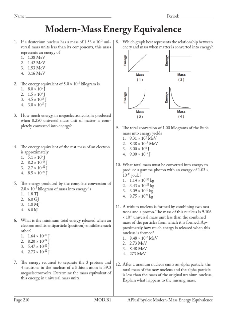 Mass-Energy Equivalence Problems | PDF | Electronvolt | Atomic Nucleus