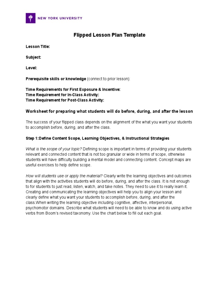 Flipped Lesson Plan Template: Worksheet For Preparing What Students ...