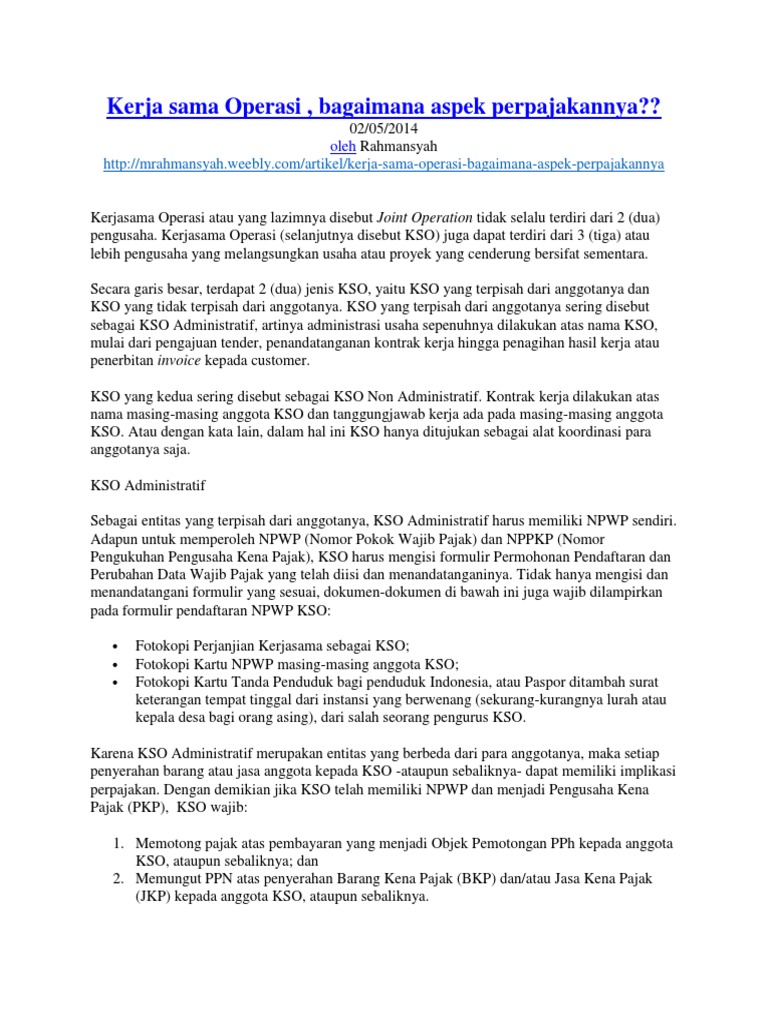 Pajak Joint Operation dan KSO | PDF