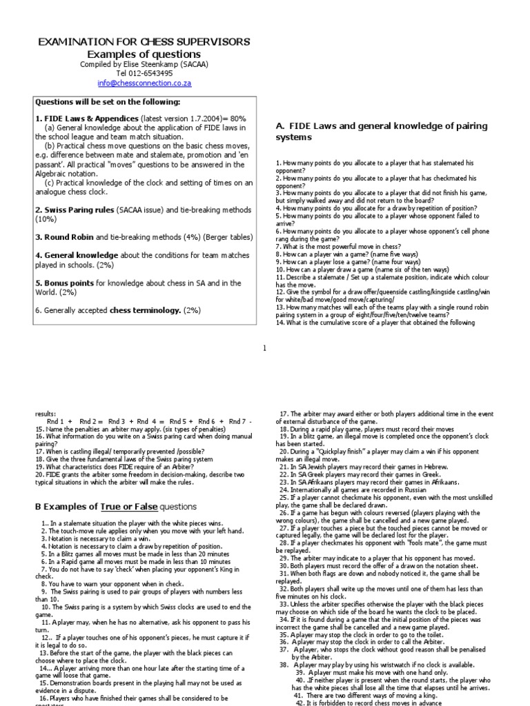 Examination Questions for Chess Supervisors: A Comprehensive Review of FIDE Laws, Pairing ...