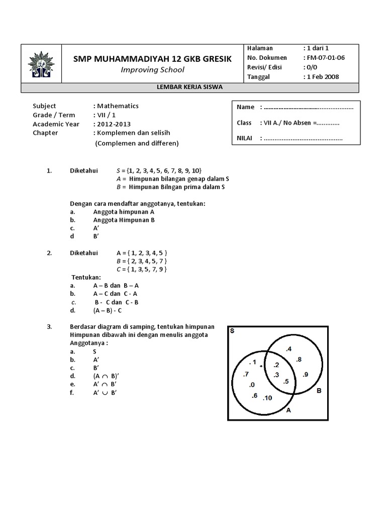 Himpunan 7 Komplemen Dan Selisih | PDF