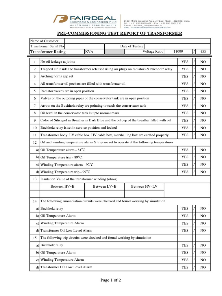Pre-Commissioning Test of Transformer at Site | PDF | Transformer ...