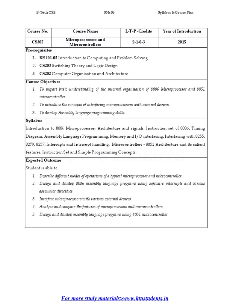 Cs305 Microprocessors And Microcontrollers Cse Syllabus Semesters 5 Pdf Microcontroller 9965