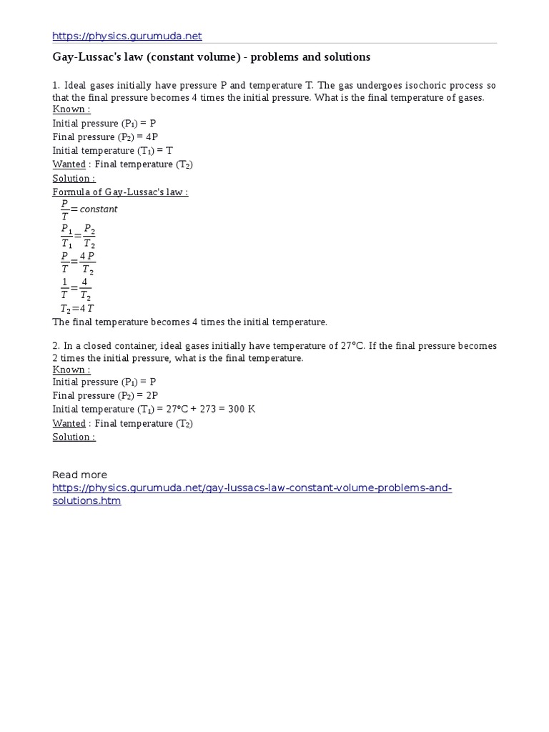 Gay-Lussac's Law Problems and Solutions | PDF | Gases | Applied Statistics