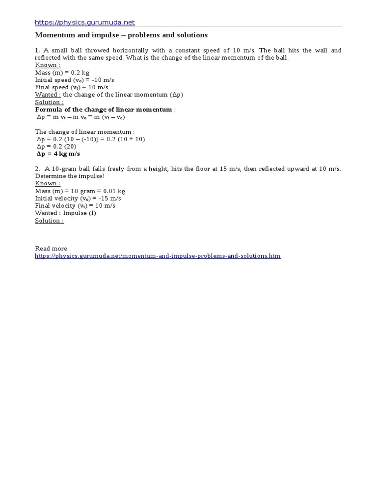 Momentum and Impulse Problems and Solutions | PDF
