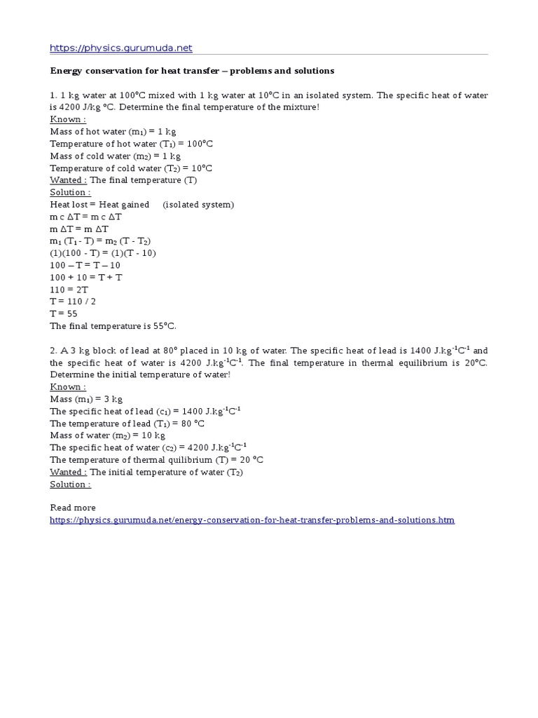 Energy Conservation For Heat Transfer Problems and Solutions | PDF