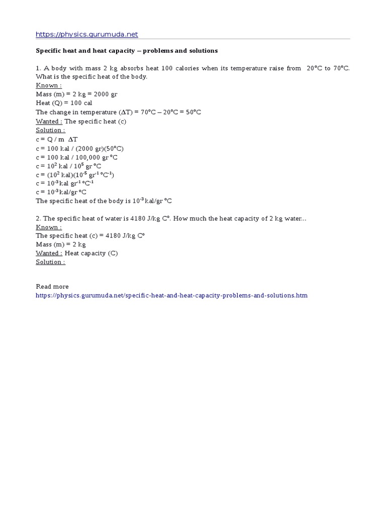 Specific Heat and Heat Capacity Problems and Solutions | PDF
