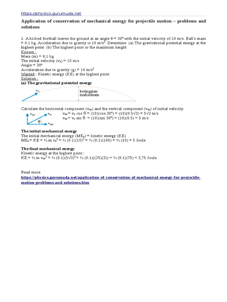 Application of Conservation of Mechanical Energy For Projectile Motion ...