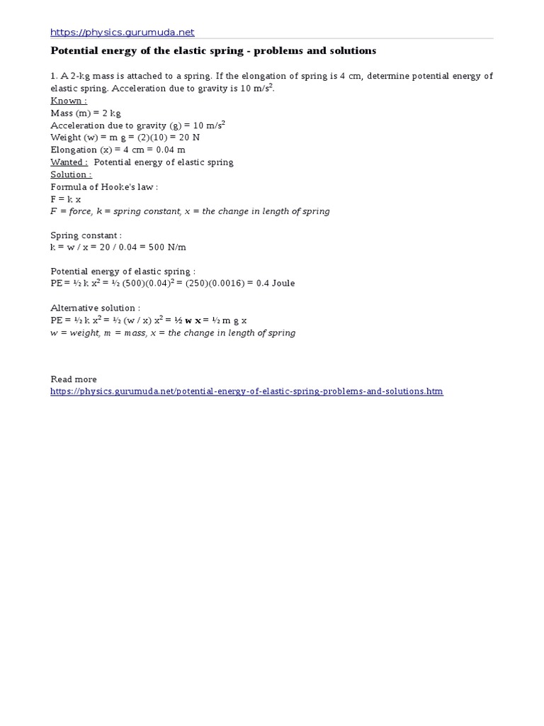 Potential Energy of Elastic Spring Problems and Solutions | PDF ...