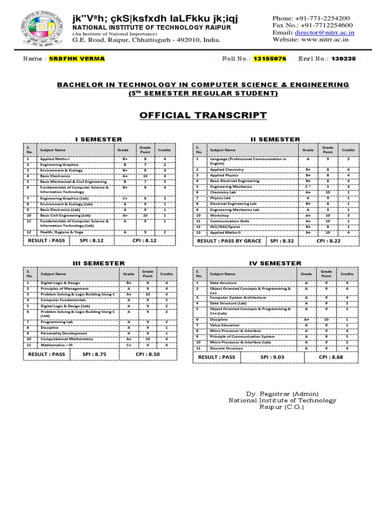 Transcript Proforma I Nitrr | PDF | Central Processing Unit | Discrete Mathematics