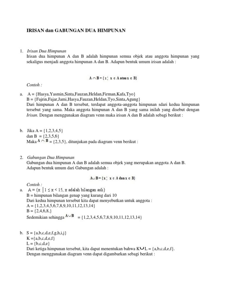 Irisan Dan Gabungan Dua Himpunan | PDF | Metode & Bahan Ajar