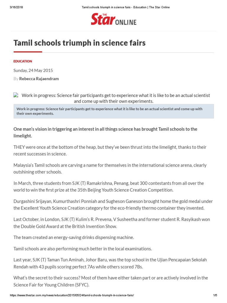 Tamil Schools Triumph in Science Fairs - Education - The Star Online ...