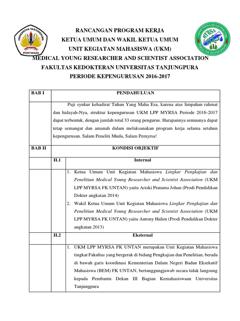 Rancangan Program Kerja UKM MYRSA 2016-2017 | PDF