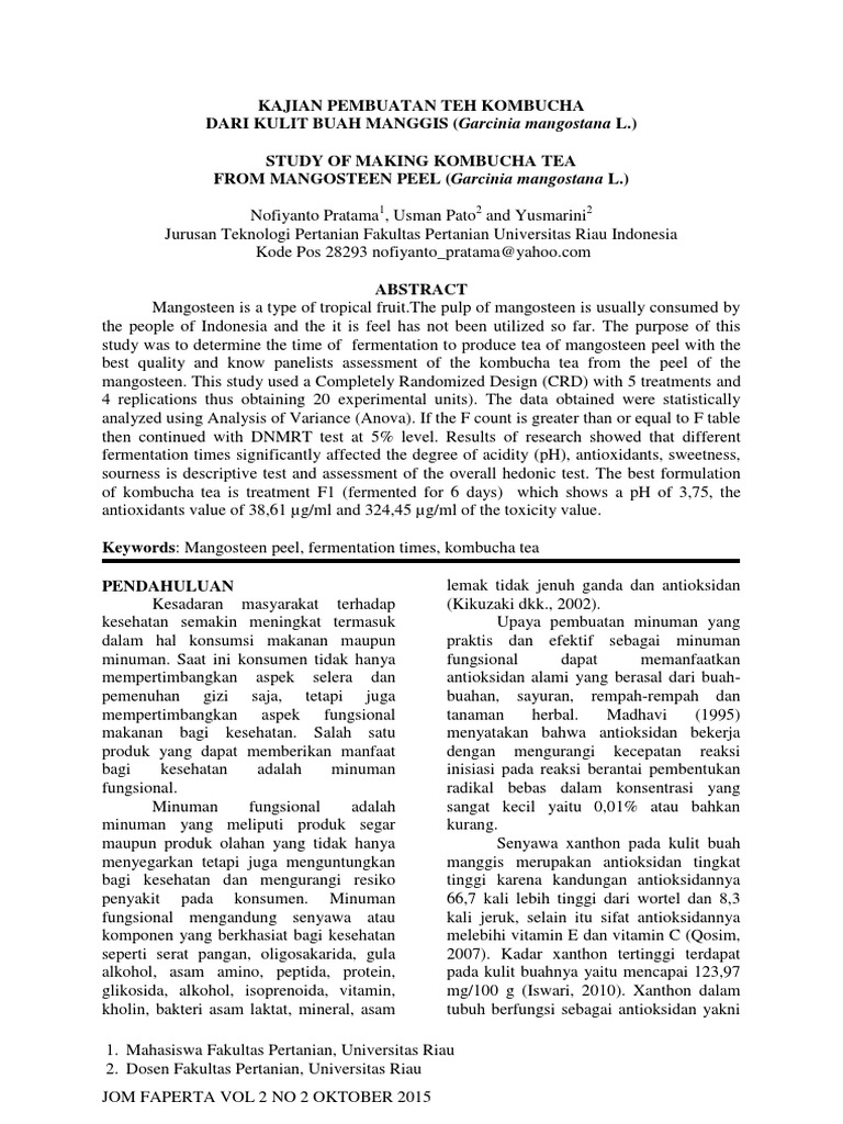 Kombucha Tea from Mangosteen Peel Lowers Acidity | PDF